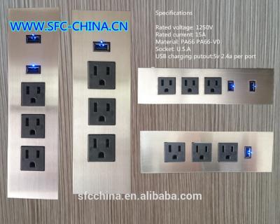 China Stainless Steel Desktop Socket 3 Outlets Dual USB Charging 5V 2.4A per Port for sale