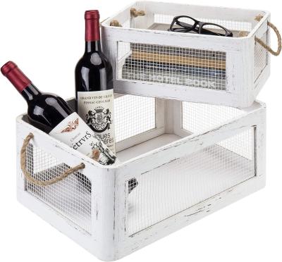China Multifunctional Vintage White Wooden Storage Box with Handles and Mesh Wire Side Panels for sale