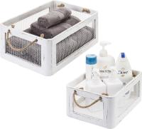 China Multifunctional Vintage White Wooden Storage Box with Handles and Mesh Wire Side Panels for sale
