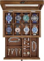 China Handmade 8-Slot Rustic Walnut Wood Watch Box 2-Tier Display Case With Large Glass Lid for sale
