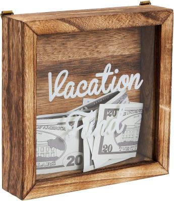 China Competitive Burnt Style Wooden Vacation Fund Box for Environmental Savings Piggy Bank for sale