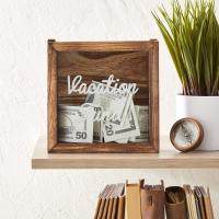 China Competitive Burnt Style Wooden Vacation Fund Box for Environmental Savings Piggy Bank for sale