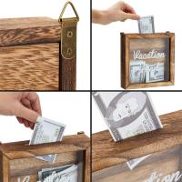China Competitive Burnt Style Wooden Vacation Fund Box for Environmental Savings Piggy Bank for sale