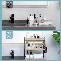 China Cosmetic Storage Vanity Organizer 3-Tier Standing Counter Shelf With Basket Wood Tray for sale