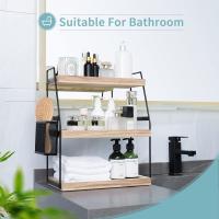 China Cosmetic Storage Vanity Organizer 3-Tier Standing Counter Shelf With Basket Wood Tray for sale
