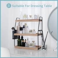 China Cosmetic Storage Vanity Organizer 3-Tier Standing Counter Shelf With Basket Wood Tray for sale