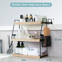 China Cosmetic Storage Vanity Organizer 3-Tier Standing Counter Shelf With Basket Wood Tray for sale