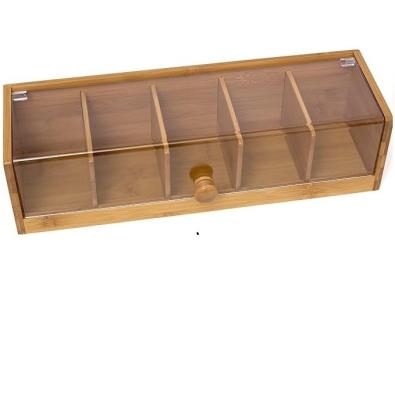 China Custom Service 14 X 5 X 3 Inch 5 Sections Bamboo Wood Acrylic Tea Box in Plain Color for sale