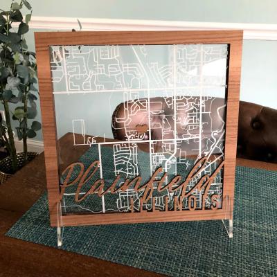 China Custom Engraved Rectangular or Square Acrylic and Wood Map for Wedding or Anniversary for sale