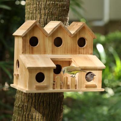 China Handmade Wooden Bird House with 8 Holes Sliding Lid Style Unfinished Birch Wood Color for sale