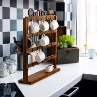 China Rustic Vintage Wood Coffee Mug Storage Rack 4 Tier Wooden Counter top Cup Holder for sale