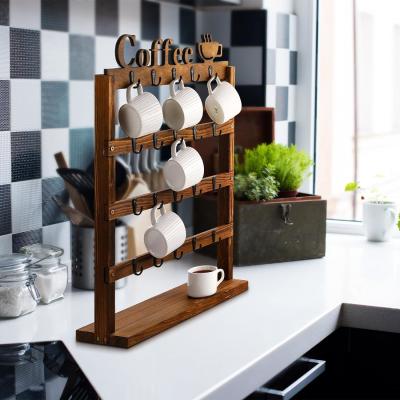China Rustic Vintage Wood Coffee Mug Storage Rack 4 Tier Wooden Counter top Cup Holder for sale