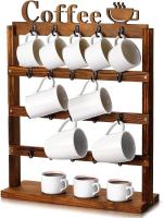 China Rustic Vintage Wood Coffee Mug Storage Rack 4 Tier Wooden Counter top Cup Holder for sale