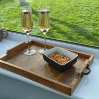 China Custom Engraved Wooden Serving Tray Rustic Style for Coffee Table Display and Cup Holder for sale