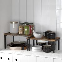 China Availbale OEM ODM Set of 2 Expandable Counter Shelf in Rustic Brown for Space Saving for sale