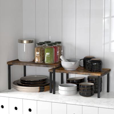 China Availbale OEM ODM Set of 2 Expandable Counter Shelf in Rustic Brown for Space Saving for sale