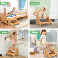China 202406 Bamboo Learning Tower Wood 2 Step Stool with Bonus Safety Non-Slip Mats and Handles Reinforced for Gift Craft for sale