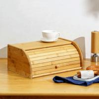 China Silk-Screen Printed Bamboo Wooden Kitchen Bread Holder with Double Roll Top Lid for sale