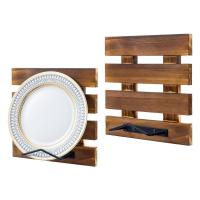 China Custom size Rustic Burnt Solid Wood and Black Metal Wire Wall Mounted Plate Display Rack for sale