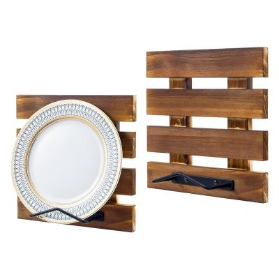 China Custom size Rustic Burnt Solid Wood and Black Metal Wire Wall Mounted Plate Display Rack for sale