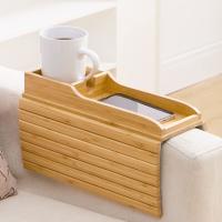 China Portable Couch Arm Tray Table Natural Bamboo Sofa Couch Cup Holder with Glossy Lamination for sale