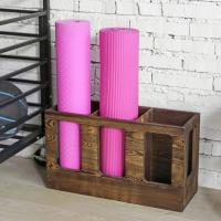 China Wall Mounted Solid Burnt Wood Yoga Mat Holder Fitness Gym Foam Roller Storage Organizer Sports Exercise Mat Rack for sale
