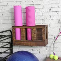 China Wall Mounted Solid Burnt Wood Yoga Mat Holder Fitness Gym Foam Roller Storage Organizer Sports Exercise Mat Rack for sale