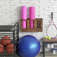 China Wall Mounted Solid Burnt Wood Yoga Mat Holder Fitness Gym Foam Roller Storage Organizer Sports Exercise Mat Rack for sale