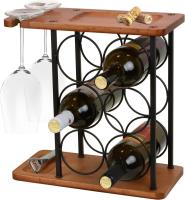 China Embossed Wooden Countertop Wine Rack with Tray Handmade Holds 6 Bottles and 2 Glasses for sale