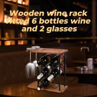China Embossed Wooden Countertop Wine Rack with Tray Handmade Holds 6 Bottles and 2 Glasses for sale