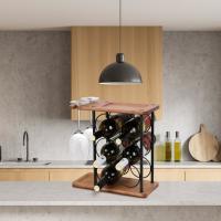 China Embossed Wooden Countertop Wine Rack with Tray Handmade Holds 6 Bottles and 2 Glasses for sale