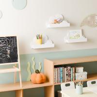 China Handmade Wooden White Cloud Bookshelf Decorative Wall Mounted Shelf with Small Figure for sale