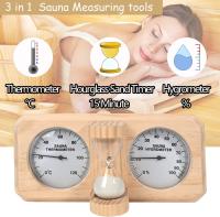 China Modern Design 3 in 1 Wooden Sauna Thermometer and Hygrometer with 15 Minute Hourglass Sand Timer for sale