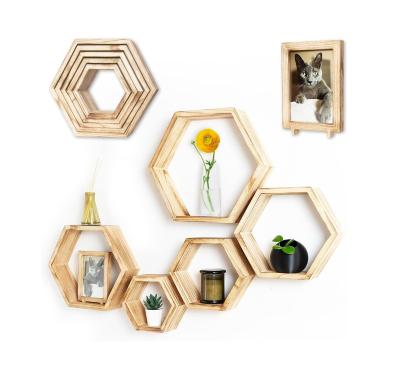 China Set of 5 Hexagon Floating Shelves with Custom Burned Design and Photo Frame for sale