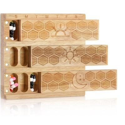 China Compact Wood Weekly Pill Organizer Holder Daily Dispenser Pill Sorter Pill Containers for sale