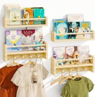 China Wooden Hooks Bookshelf Natural Wood Wall Mounted Shelves for Nursery Decor Storage for sale