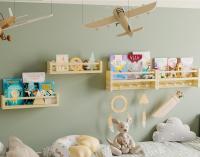 China Wooden Hooks Bookshelf Natural Wood Wall Mounted Shelves for Nursery Decor Storage for sale