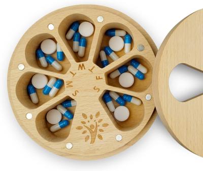 China Customizable 7-Day Pill Holder Wood Weekly Pill Organizer for Medicine and Vitamins for sale
