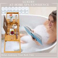China Expandable Wooden Bathtub Tray Caddy with Book and Phone Holder Custom Logo Acceptable for sale