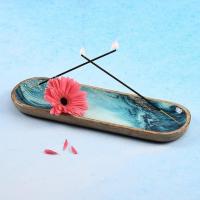 China Rectangle Wooden Incense Holder for Sticks Industrial Gift Craft Blue Mango Wood for sale