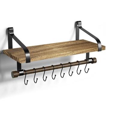 China Rustic Wood 8 Removable Hooks Wall Floating Shelves Kitchen Spice Rack with Towel Bar for sale