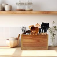 China Large Capacity Acacia Wood Storage Box for Kitchen Counter in Solid Wood Structure for sale