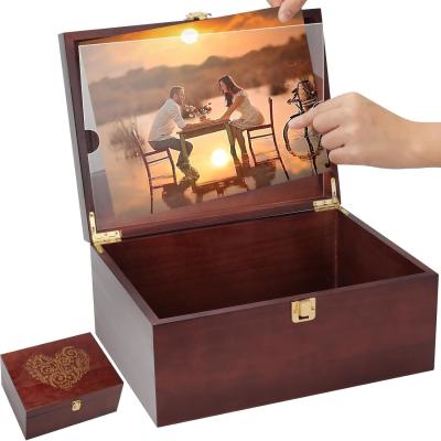 China Large Wooden Keepsake Box with Hinged Lid and Photo Frame Elegant Wedding Memories for sale