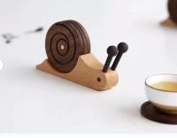 China Cute Snail Solid Wood Coaster Insulation Mat Set Of 5 With Holder Desktop Decoration Gift for sale