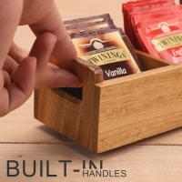 China Acacia Wood Tea Bag Box with Handle 3 Compartments Mini Countertop Storage Container for sale
