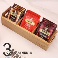 China Acacia Wood Tea Bag Box with Handle 3 Compartments Mini Countertop Storage Container for sale