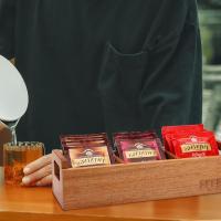 China Acacia Wood Tea Bag Box with Handle 3 Compartments Mini Countertop Storage Container for sale