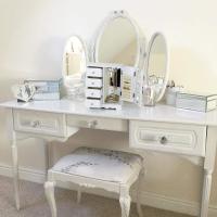 China Handmade White Solid Wood Jewelry Box with 4 Drawers Large Mirror and Necklace Carousel for sale