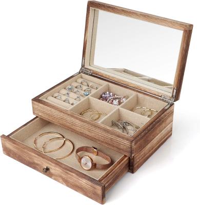 China Custom Oem Logo Rustic Wooden Jewelry Box With Mirror Ring Tray Large Size Craft Gift for sale