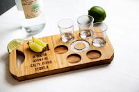 China Modern Stylish Bamboo Board Flight Beer Tray with Engraved Wood Shot Glass Holders for sale